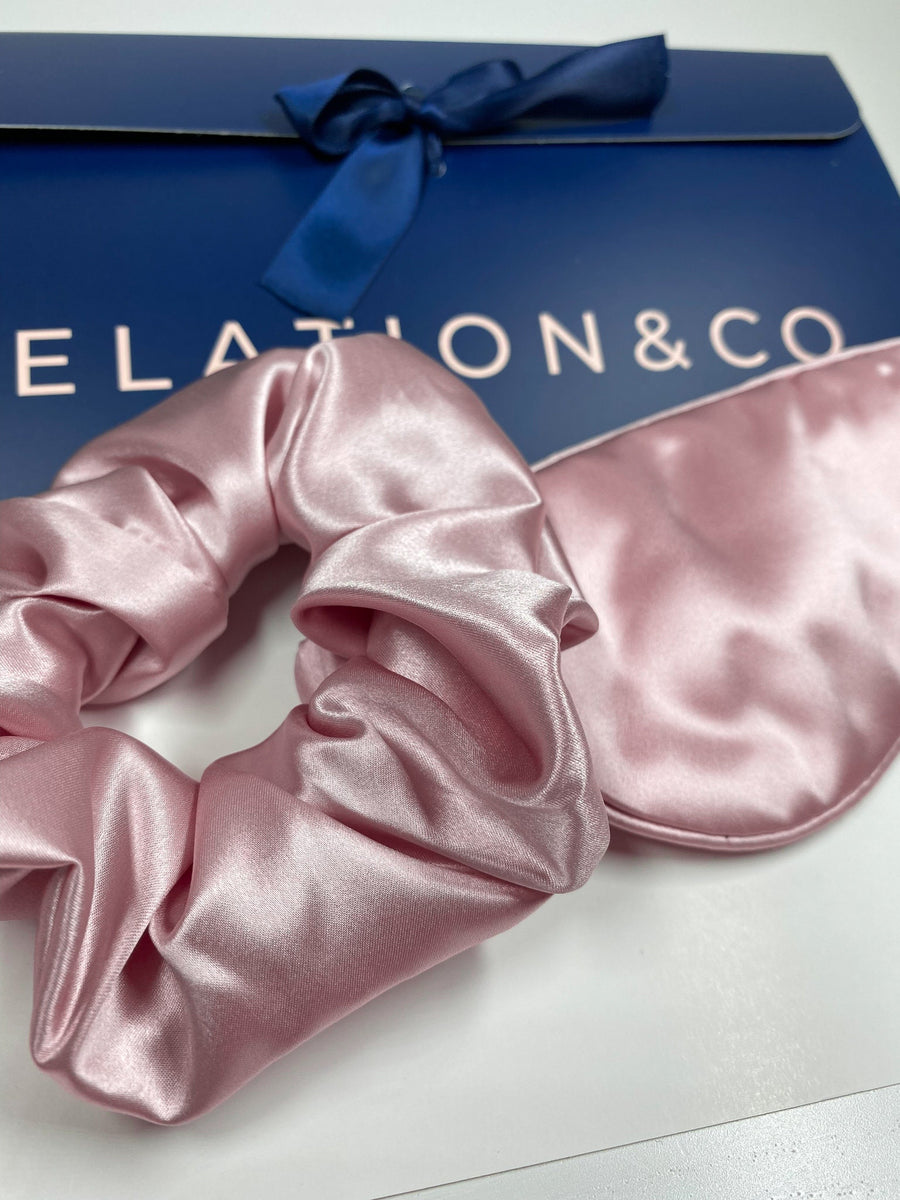 SET 2 SILK Essentials Pink- Sleep Mask & XL Scrunchy | Premium 8-layer ...